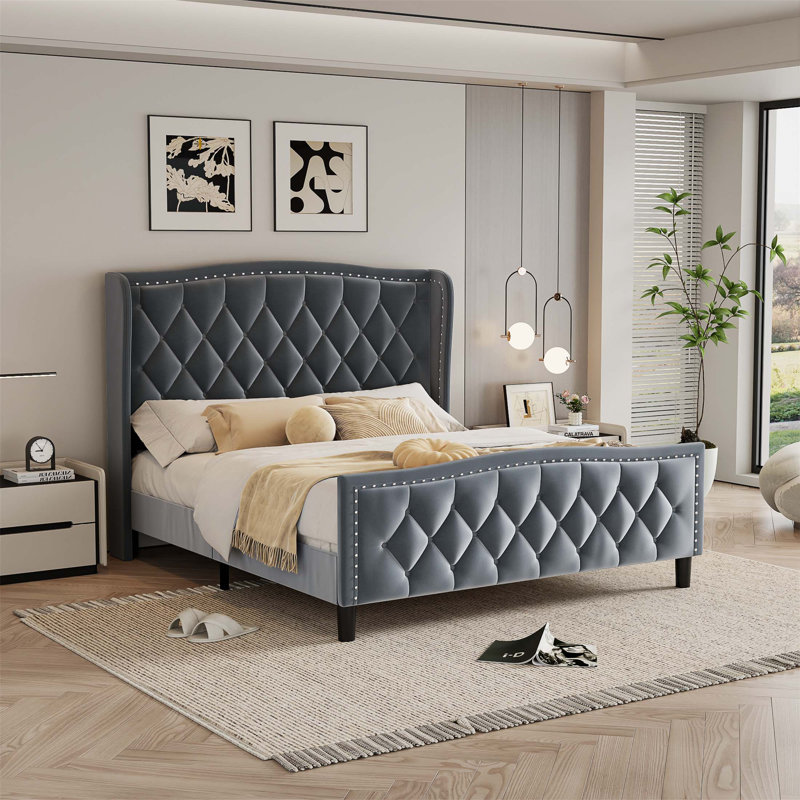 Queen Size Bed Frame Modern Upholstered Platform Bed with Wingback Headboard Velvet Bed Frame